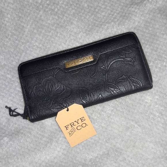 FRYE AND CO. | Bags | Frye And Co Floral Tooling Black Ziparound Wallet ...